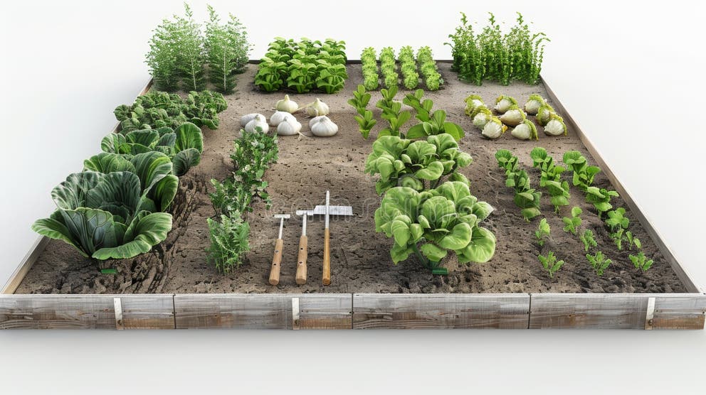 A Well-maintained Garden Plot with Various Plants, Tools, and a White ...