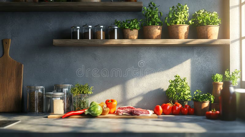 Well-Ordered and Spotless Kitchen Counter with Ingredients Stock Photo ...