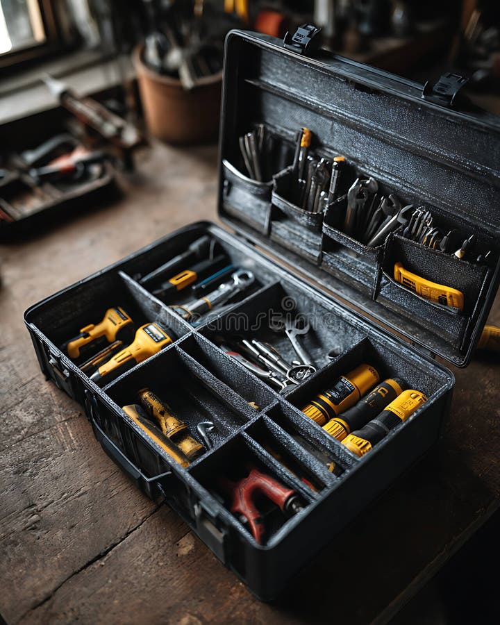 Open Black Toolbox Filled with Various Tools and Equipment on a Wooden ...