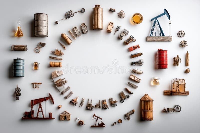 Circular Arrangement of Various Oil-Related Objects Showcasing the ...