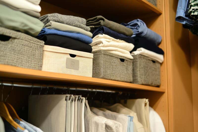 Organized Closet with Neatly Folded Clothes and Baskets Stock ...