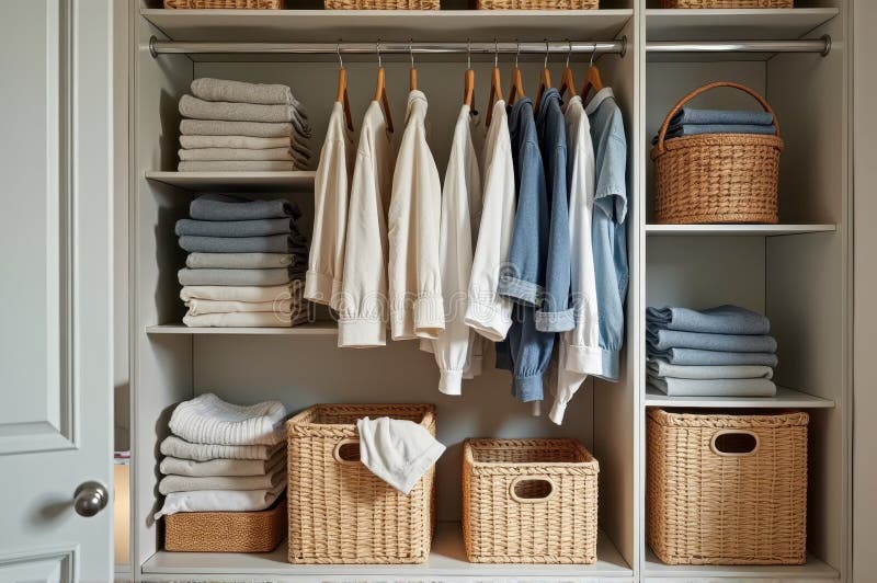 Well Organized Closet Neatly Folded Clothes Woven Baskets Stock Photos ...