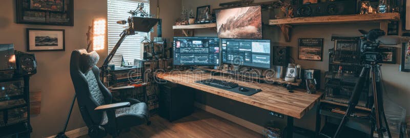 Creative Content Creator Desk Setup with Lighting Equipment and ...
