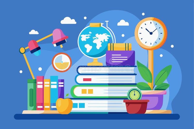 A Well-organized Desk Features Books, a Globe, a Clock, a Plant, and ...