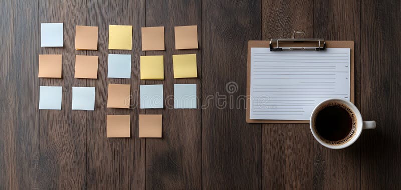 A Well-Organized Desk Featuring Post-it Notes, Clipboard, and Coffee ...