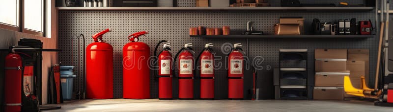 A Well-organized Garage Featuring Red Fire Extinguishers, Tools, and ...