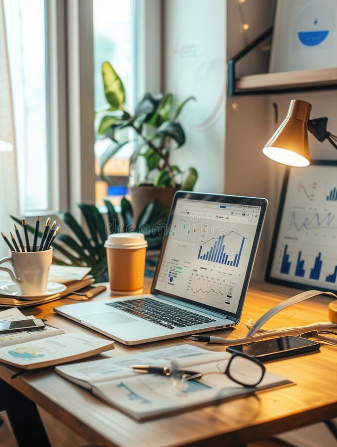 A Well-organized Home Office with a Laptop Displaying Financial Data ...