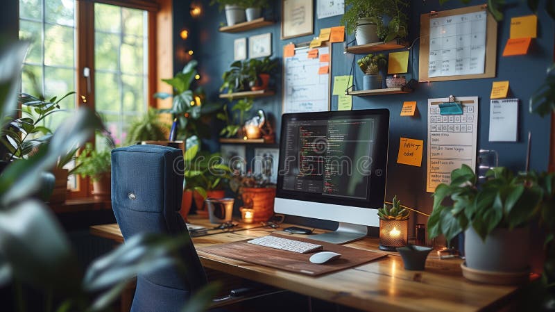 Well-Organized Home Office Space with a Desktop Computer and Plants ...