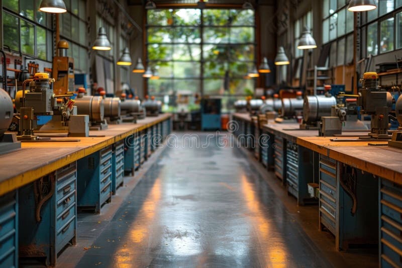 Large Industrial Workshop Interior with Workbenches and Bright Windows ...