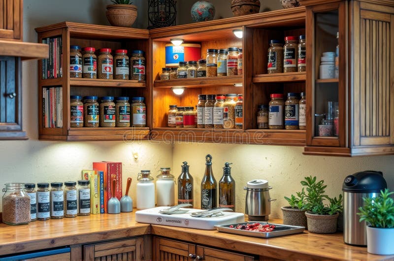 Well-organized Kitchen with Spice Jars and Cooking Essentials on Wooden ...