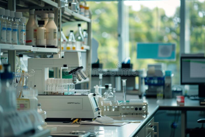 A Well-organized Laboratory is Equipped with Glassware and a Microscope ...