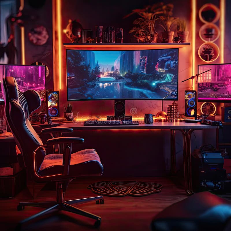 A Well-organized and Well-lit Gaming Computer Setup with Multiple ...