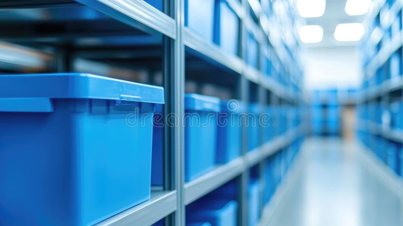 A Well-organized Storage Facility Featuring Blue Bins on Shelves ...