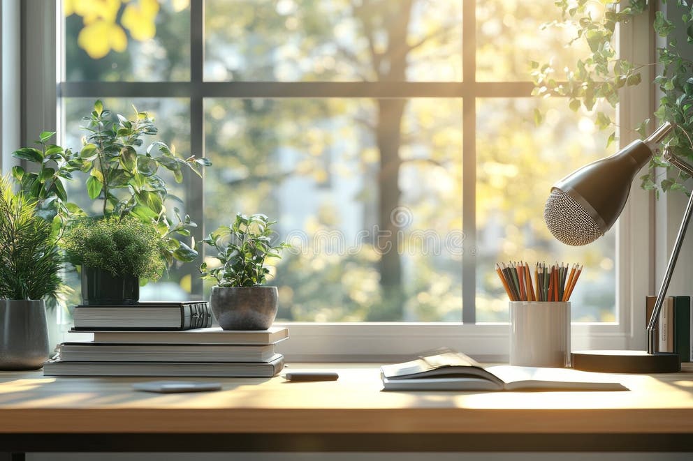 Well-Organized Study Table by the Window with Natural Light Stock ...