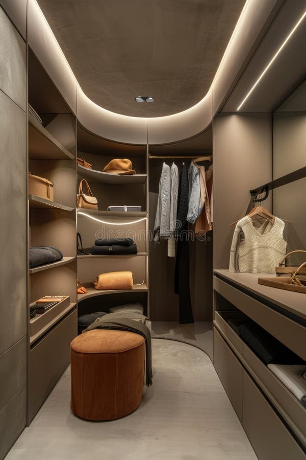 A Well-organized Walk-in Closet with a Stool and Shelves for Storage ...