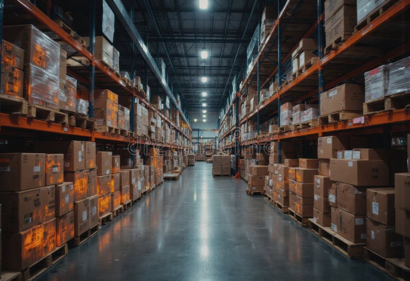 A Well-organized Warehouse Filled with Stacked Boxes and Pallets Stock ...
