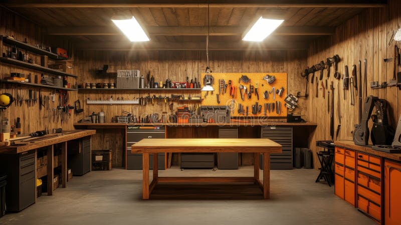 A Well-organized Workshop Featuring Various Tools and a Central ...