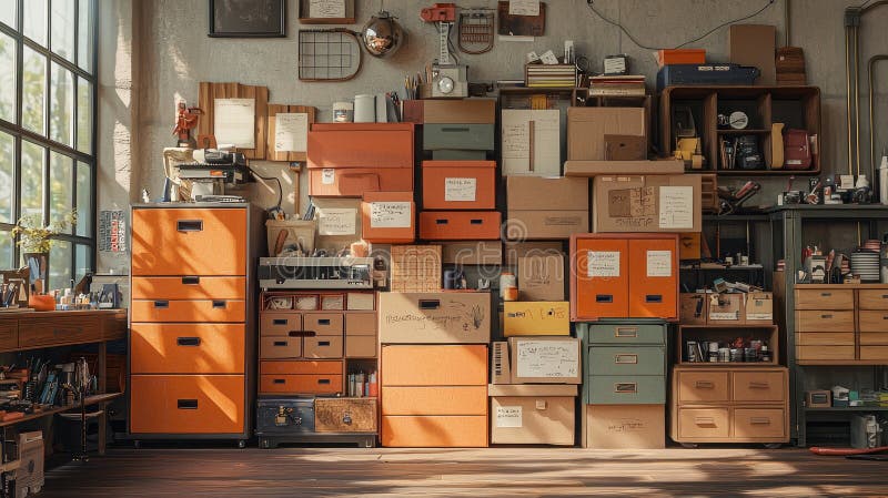 A Well Organized Workshop with Stacked Boxes Cabinets, Showcasing ...