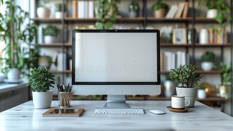 Organized Workspace with Desktop Computer and Greenery Stock Image ...