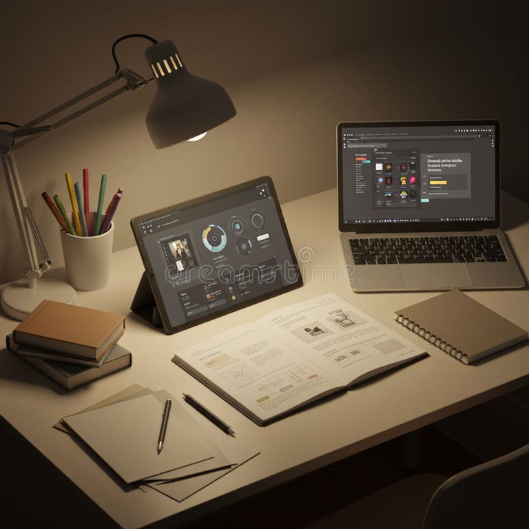 A Well-organized Workspace Featuring a Laptop, Tablet, and Various ...