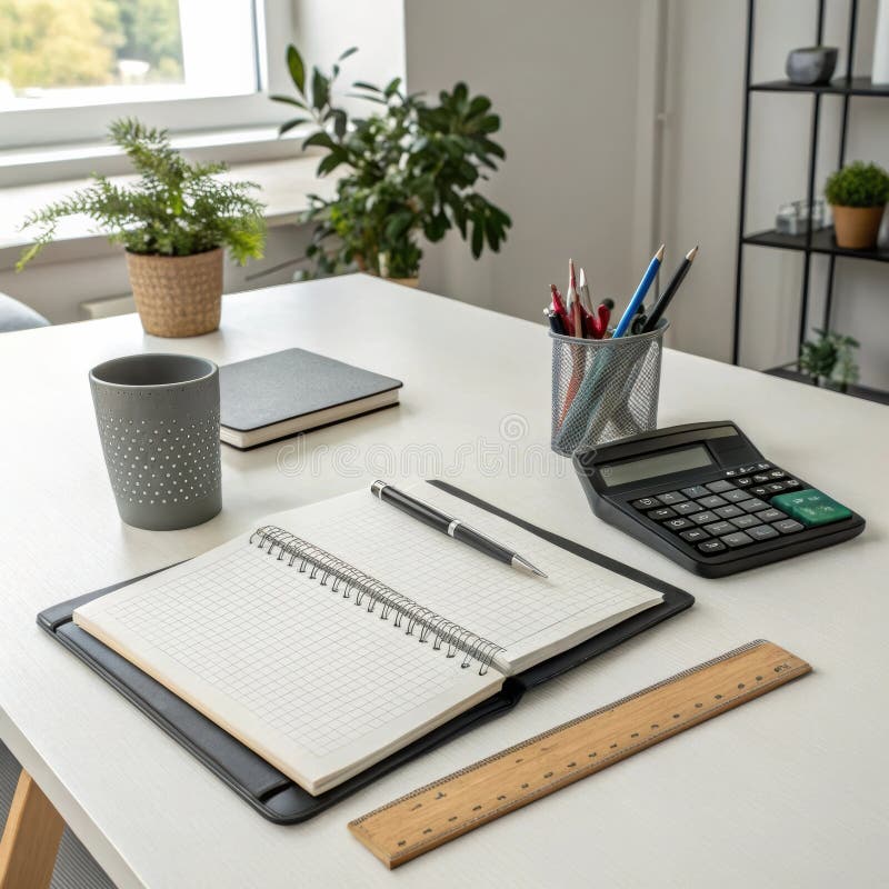 Well-organized Workspace Featuring a Notebook, Pen, Calculator, Ruler ...