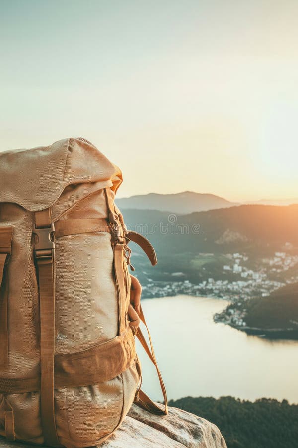 Hiking with a Backpack Near a Serene Lake during Sunset in a Stunning Mountain Landscape while ...