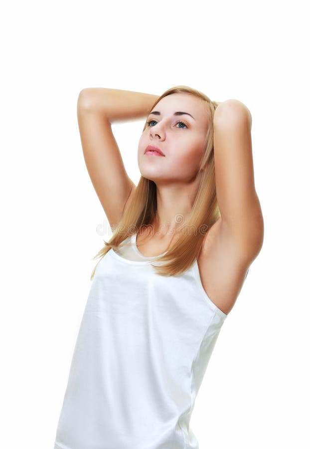 Well Rested Brunette Woman Stretching and Yawning in Bed Stock Photo ...