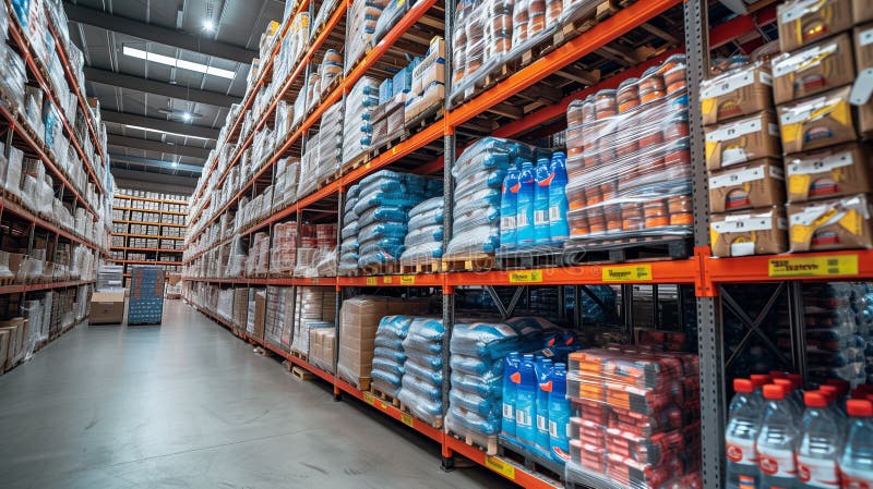 Well-stocked Large Warehouse Aisle with Rows of Bulk Packaged Goods ...