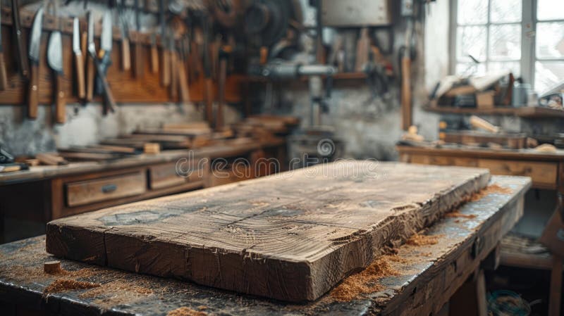 A Well-used Carpenter S Workbench with Tools in the Background Stock ...