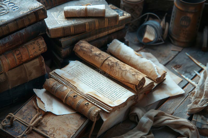 Well-worn Ancient Books and Scrolls Lie on a Rustic Wooden Table ...