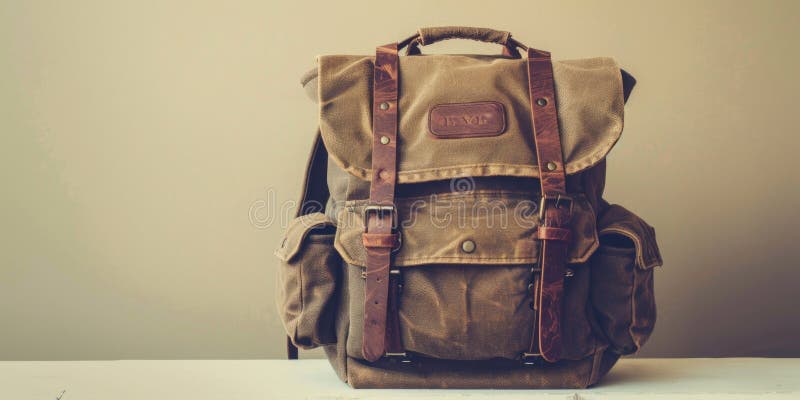 A Well-worn Canvas and Leather Backpack Sits on a Wooden Surface, Ready ...