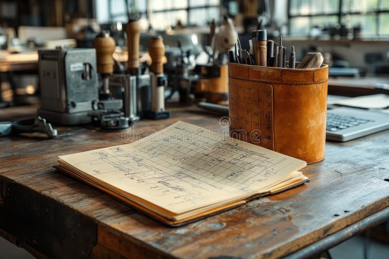 A Well-worn Notebook Sits Open on a Wooden Workbench with a Leather ...