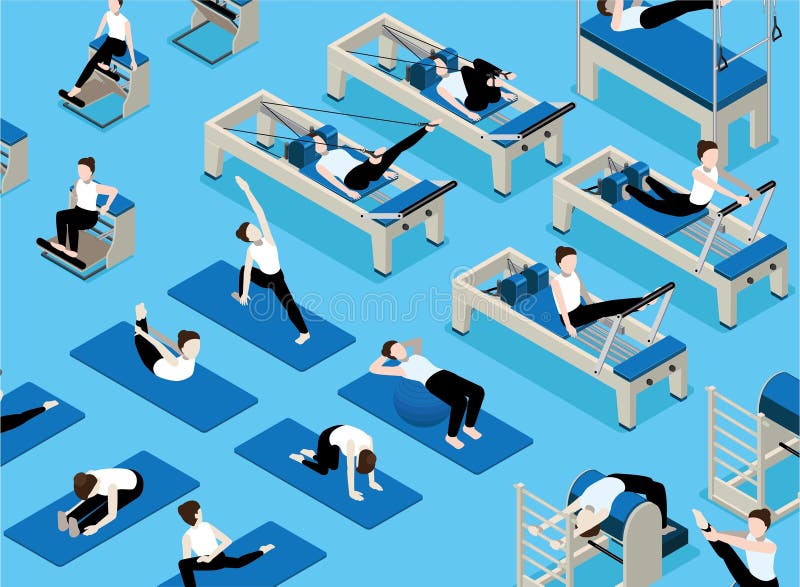 Wellness Center Pilates Yoga Background Isometric Vector Set Stock ...