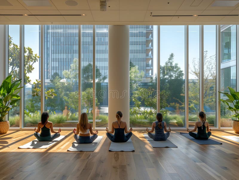 Wellness Focused Office Space with Group Yoga Session in Progress Stock ...