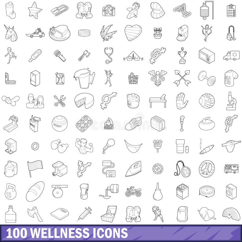 100 Wellness Icons Set, Outline Style Stock Vector - Illustration of ...