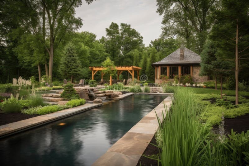 Wellness Retreat with Serene Garden and Water Feature Stock Image ...