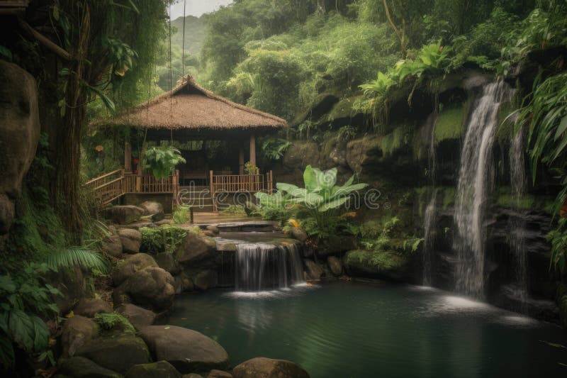 Wellness Retreat with Serene Waterfall and Greenery in the Background ...