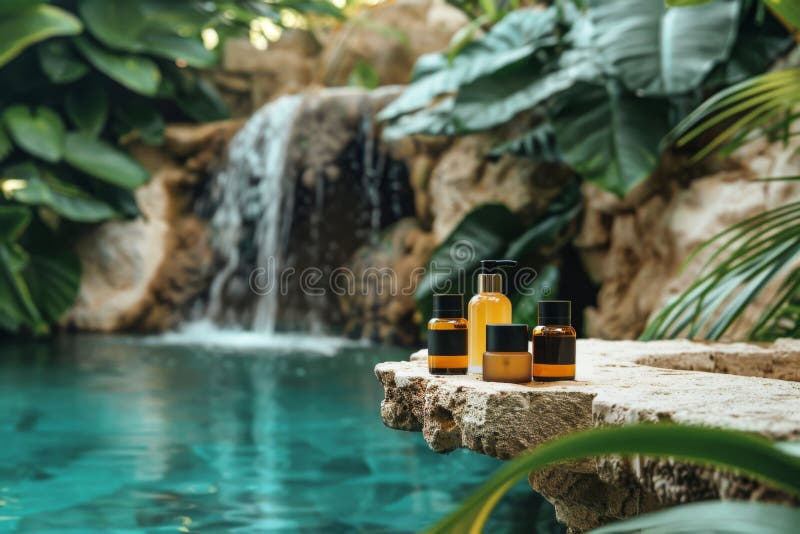 Wellness Spa Products on Natural Stone with Lush Greenery and a ...