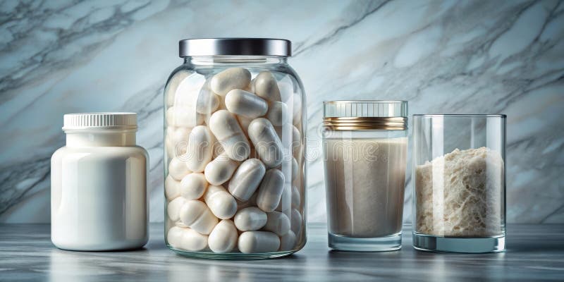Wellness Supplements Capsules, Powder, and Tablets in Glass Containers ...
