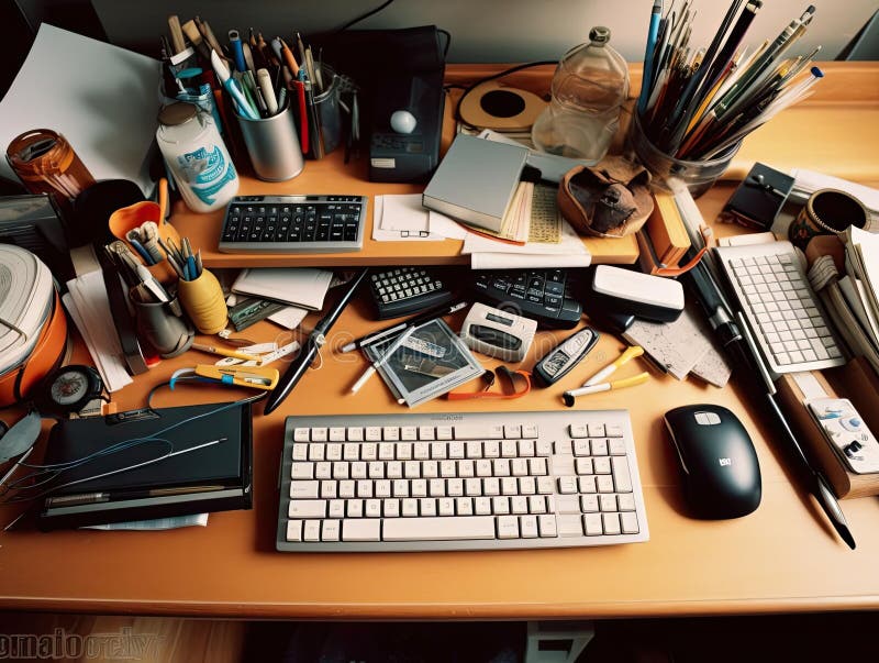Wellorganized Office Desk with Stationery Computer and Coffee Stock ...