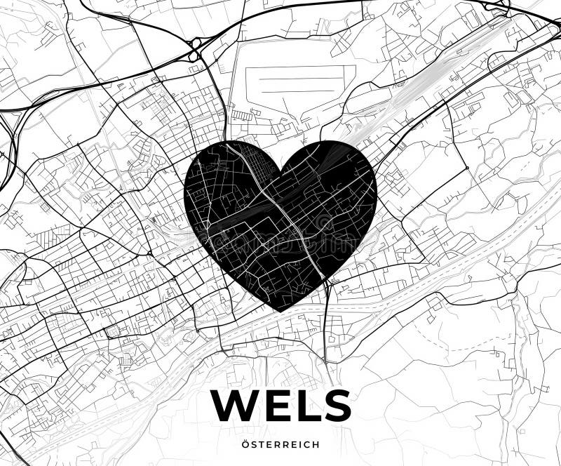 Wels, Austria, Black and White Map Template with a Black Heart Symbol ...