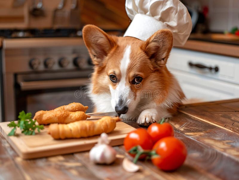 Welsh Corgi Dog Wearing a Chef S Hat in the Kitchen. Artificial ...