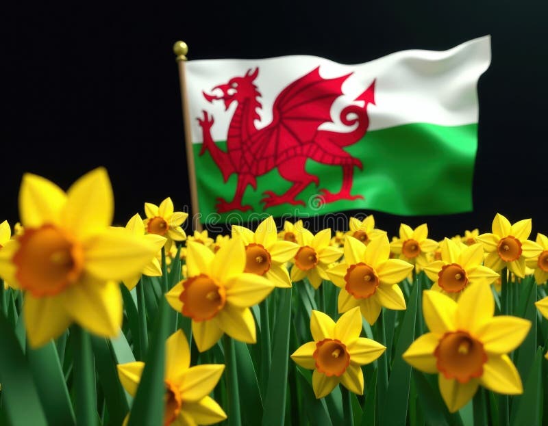 Welsh Flag with Daffodils Symbol of Wales and Spring Stock Illustration ...