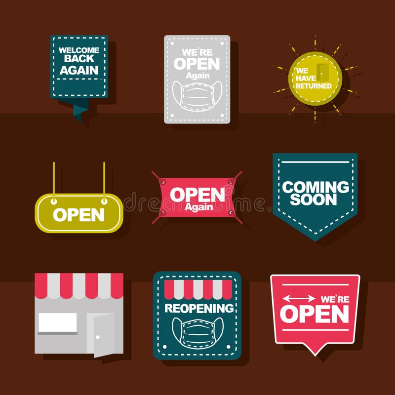 Were Open, Welcome Back, Coming Soon, Stickers Banner Pack Flat Icons ...
