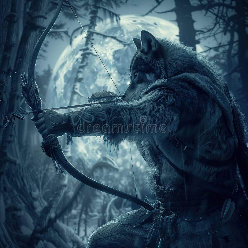 Werewolf Archer Aiming Bow in Moonlit Forest Stock Illustration ...