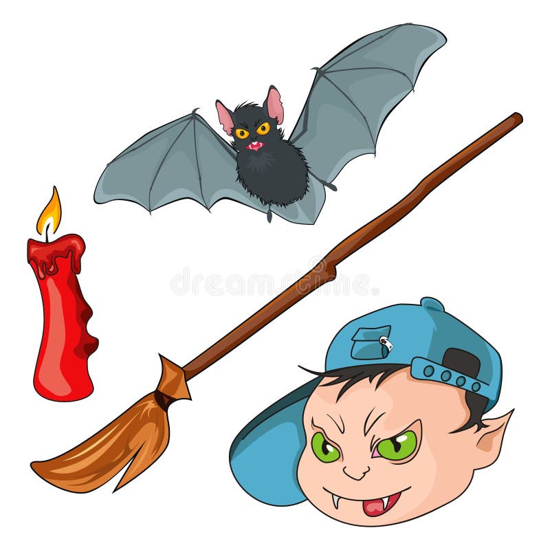 Werewolf, Bat, Candle and Besom Stock Vector - Illustration of flame ...