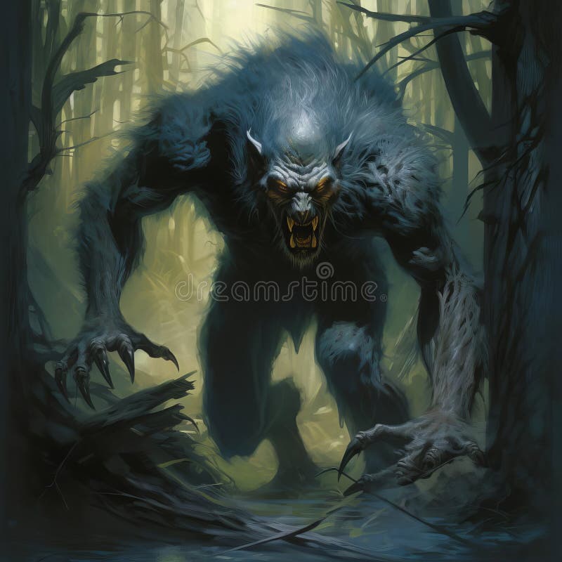 Fearsome Werewolf Lurking in a Haunted Dark Forest Landscape Stock ...