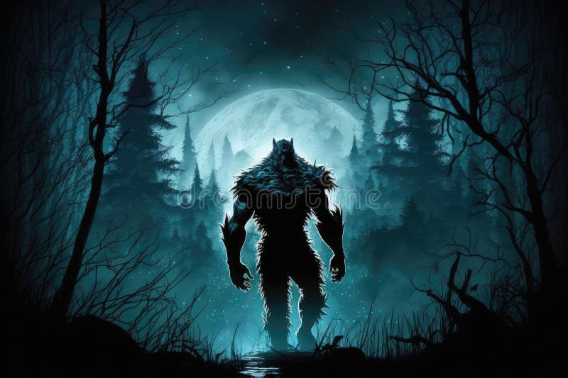 Werewolf, Creeping through the Forest at Night, Under the Moonlight ...