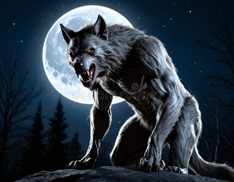Werewolf Crouching Front of the Moon Stock Illustration - Illustration ...