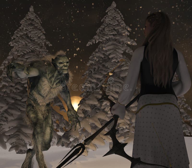 Werewolf and Female Elf Warrior Ready To Fight in the Winter Forest ...